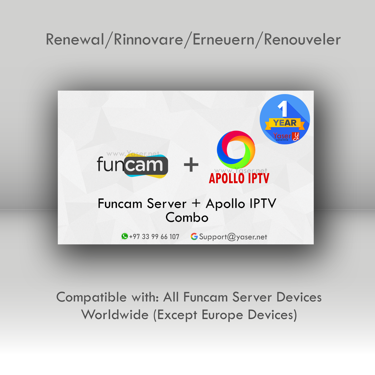 Funcam Server & Apollo IPTV 12 Months Renewal - Yaser Satellite